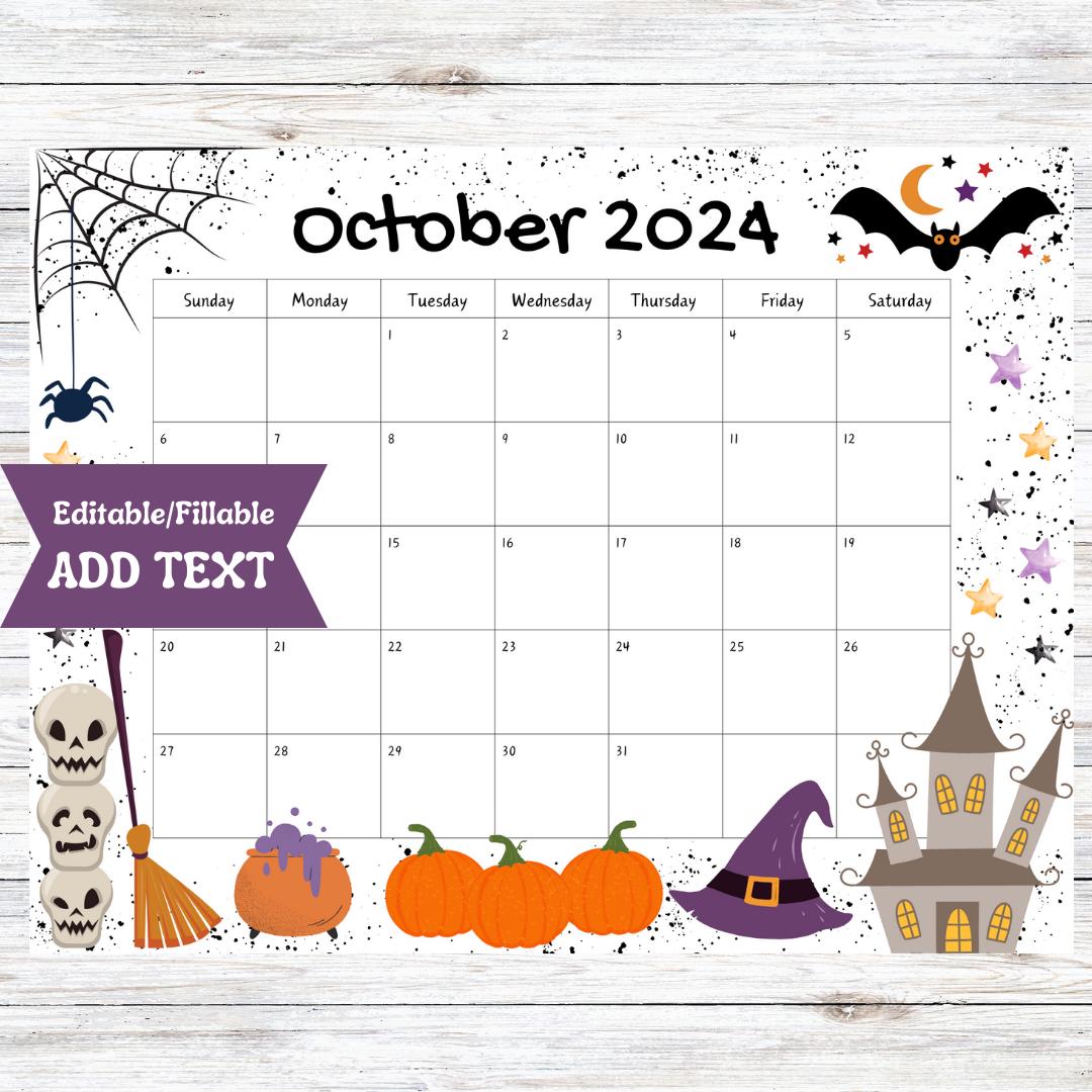 EDITABLE October 2024 Calendar, Halloween Printable Fillable Planner ...