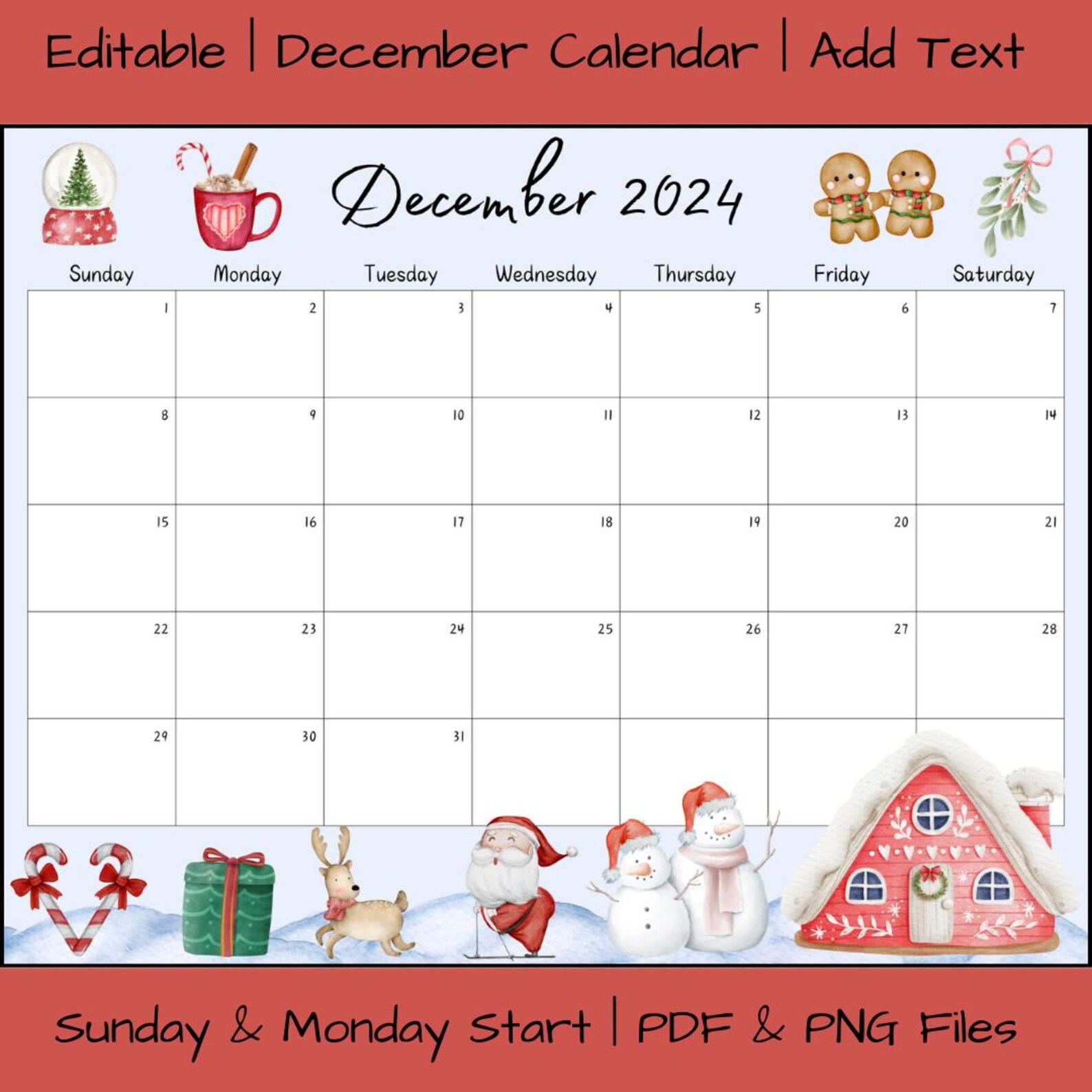 Editable December 2024 Calendar, Christmas Countdown, Fillable ...