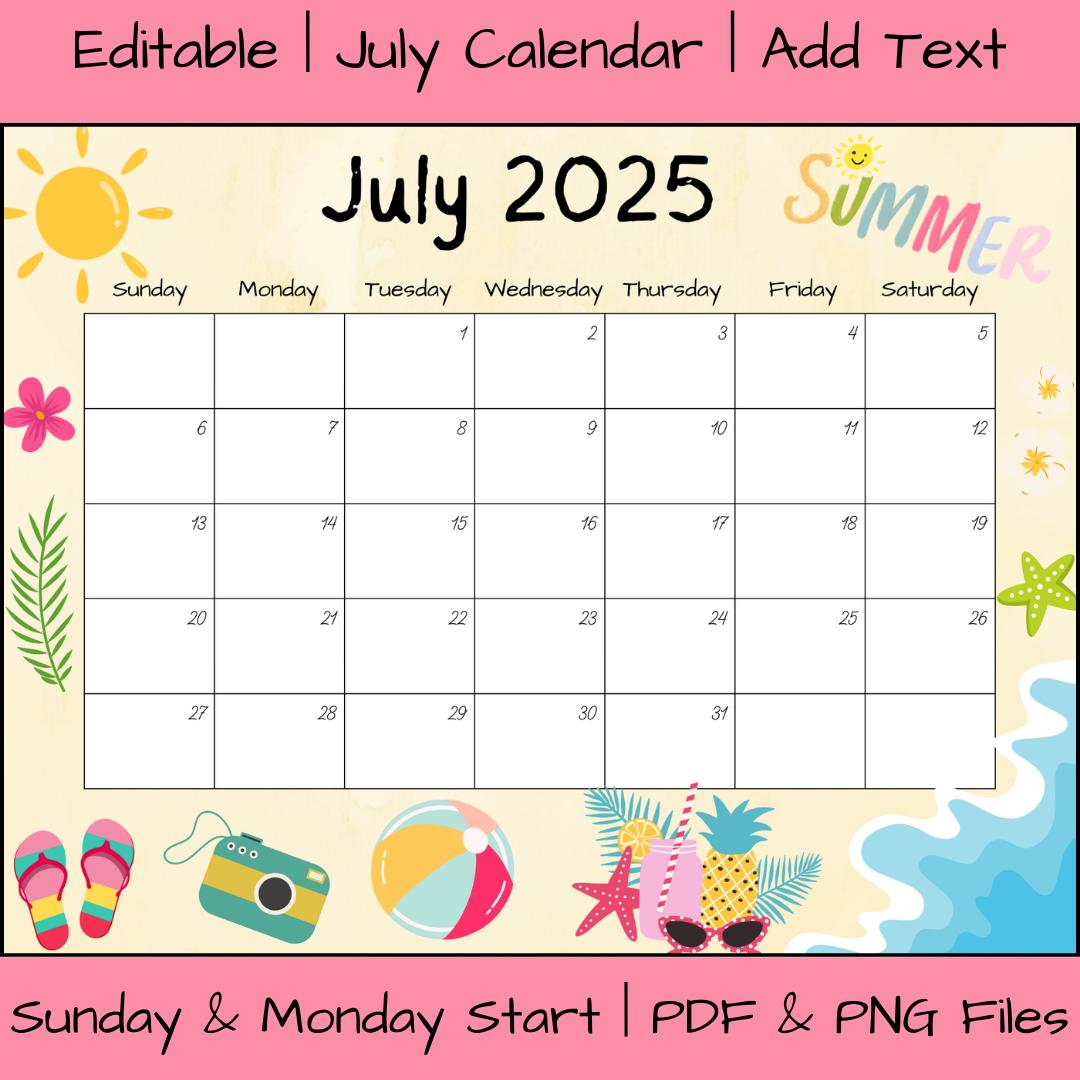 Editable July 2025 Calendar, Fillable Printable Planner Digital ...
