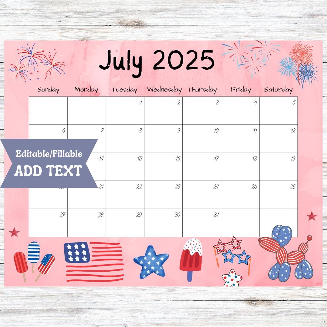 Editable July 2025 Calendar, Fillable Printable Planner Digital ...