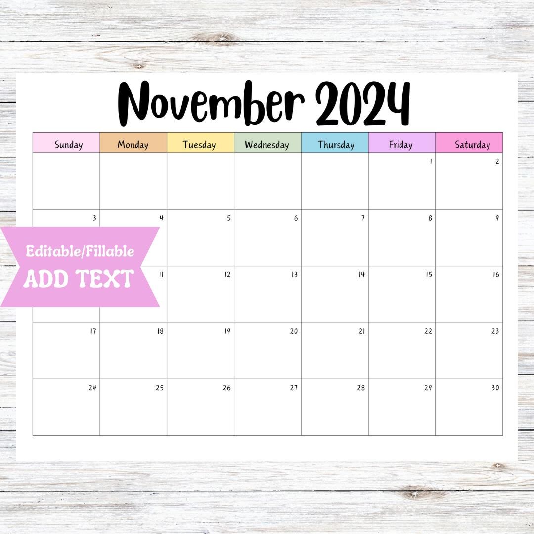 Calendario de noviembre de 2024 editable, descarga instantánea digital ...