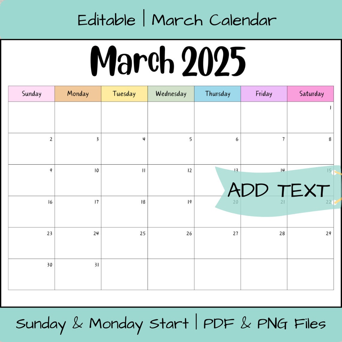EDITABLE March 2025 Calendar Fillable Monthly Activity Planner ...