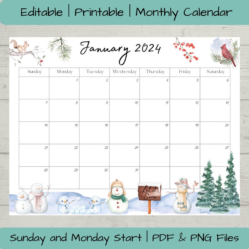 Editable January 2024 Calendar Printable, Activity Planner, Classroom ...