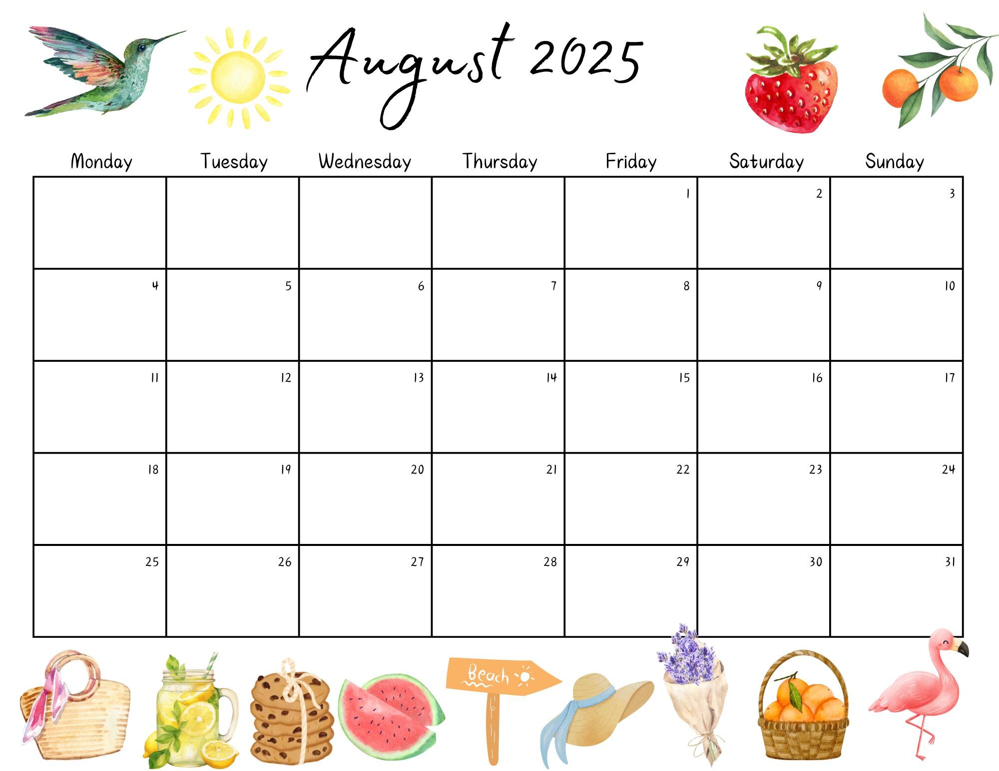 Editable August 2025 Calendar, Printable Fillable Digital Download ...