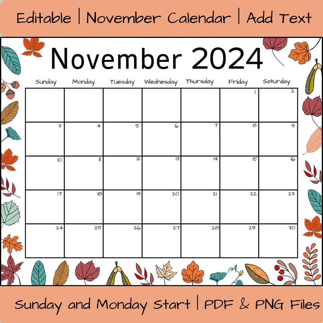 Calendario editable de noviembre de 2024, Calendario de hojas de otoño ...