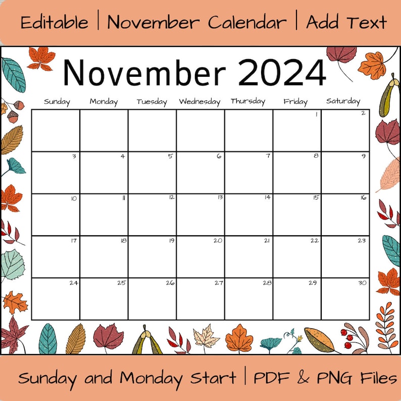 Editable November 2024 Calendar, Fall Leaves Calendar, Editable ...