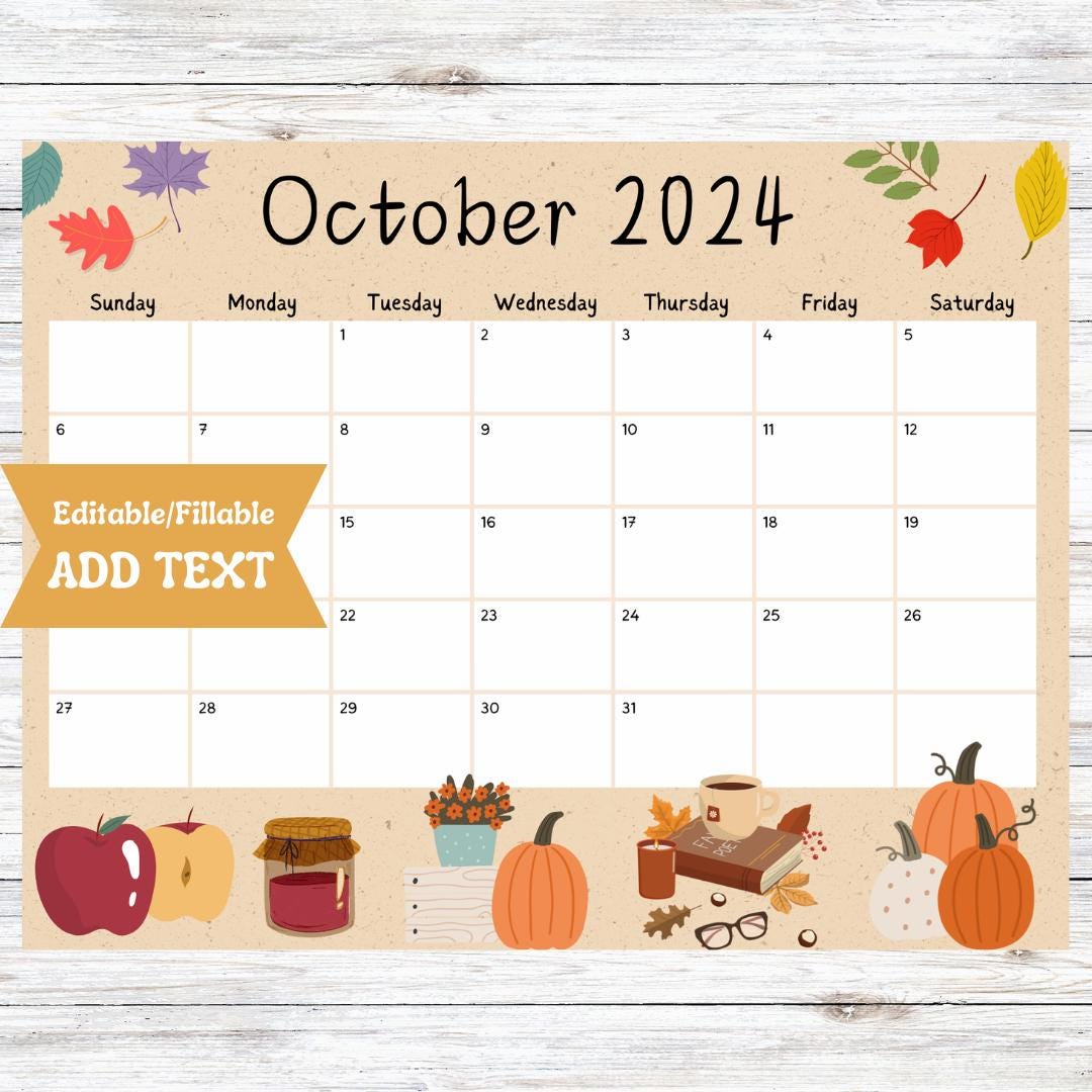 Editable October 2024 Calendar, Fall Autumn 2024 Digital Download ...
