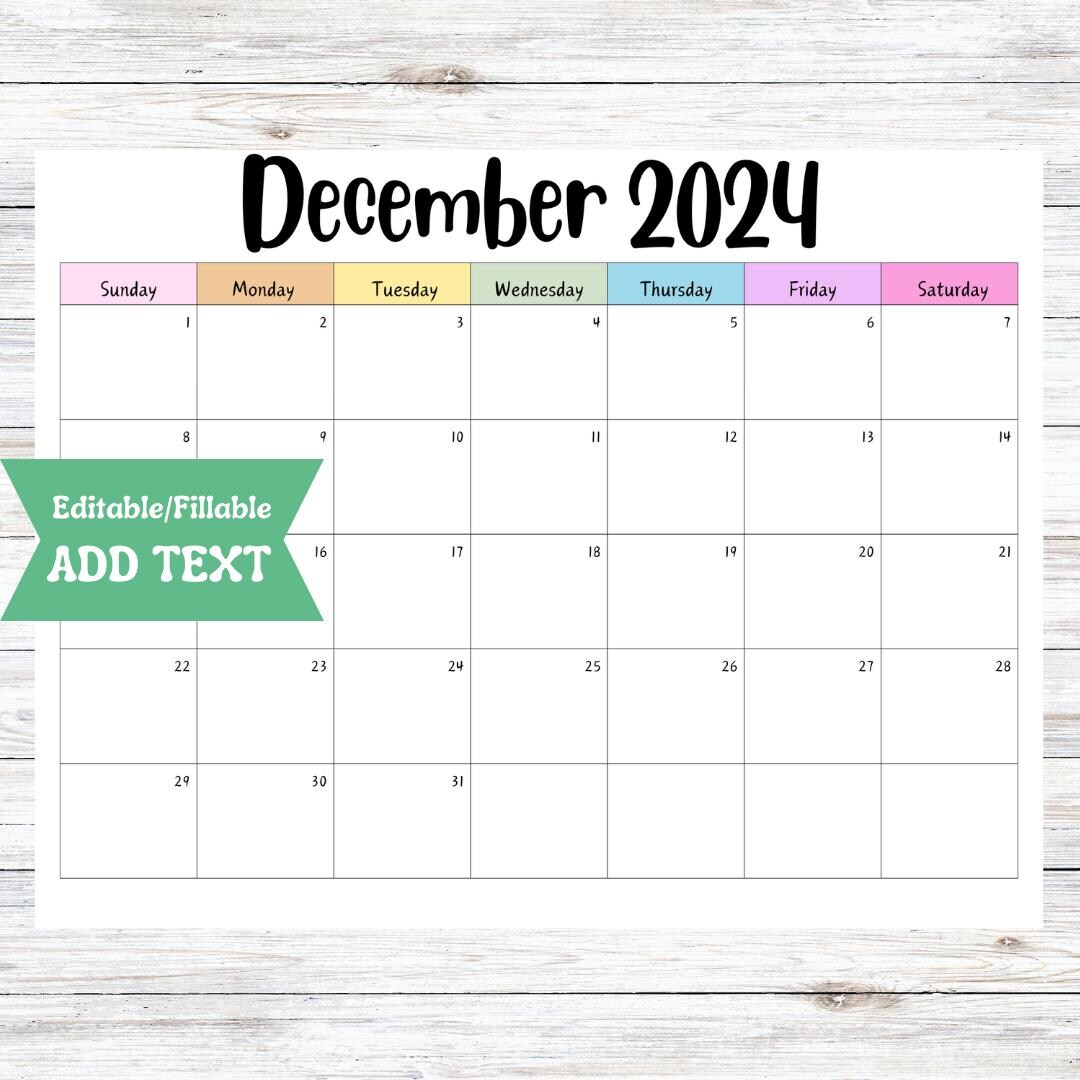 Editable December 2024 Calendar, Fillable Printable Digital Download ...