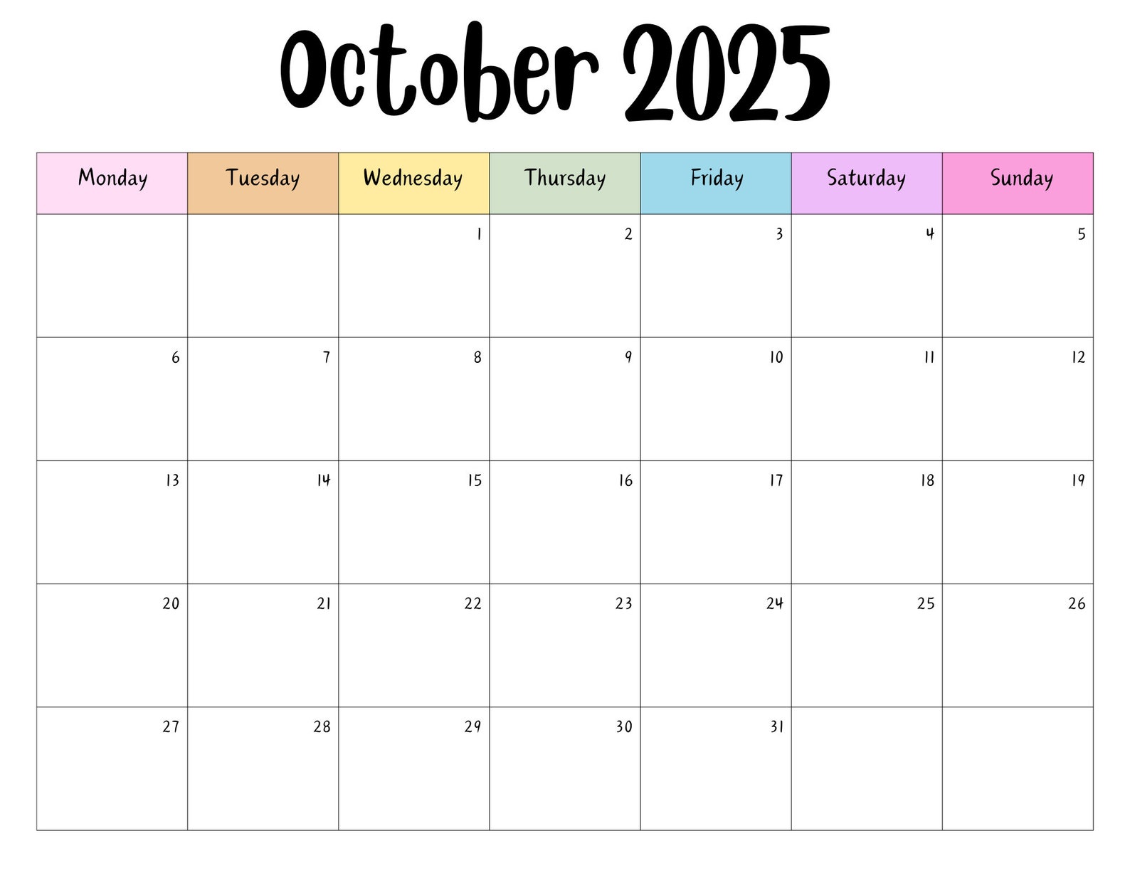 Editable October 2025 Calendar, Printable Digital Download, Wall ...