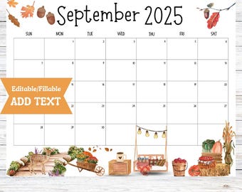 Editable September 2025 Calendar, Fillable Printable Digital Download ...