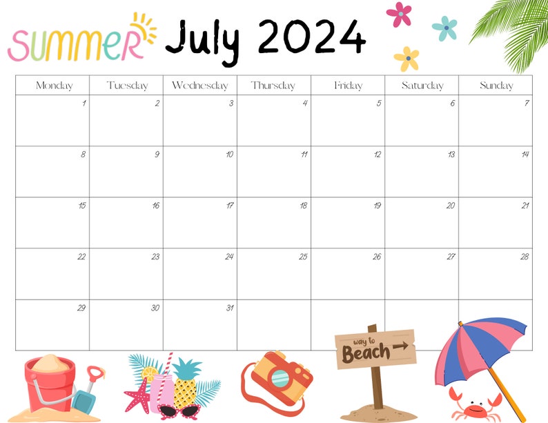 Editable July 2024 Calendar PDF and PNG Template, Printable July ...