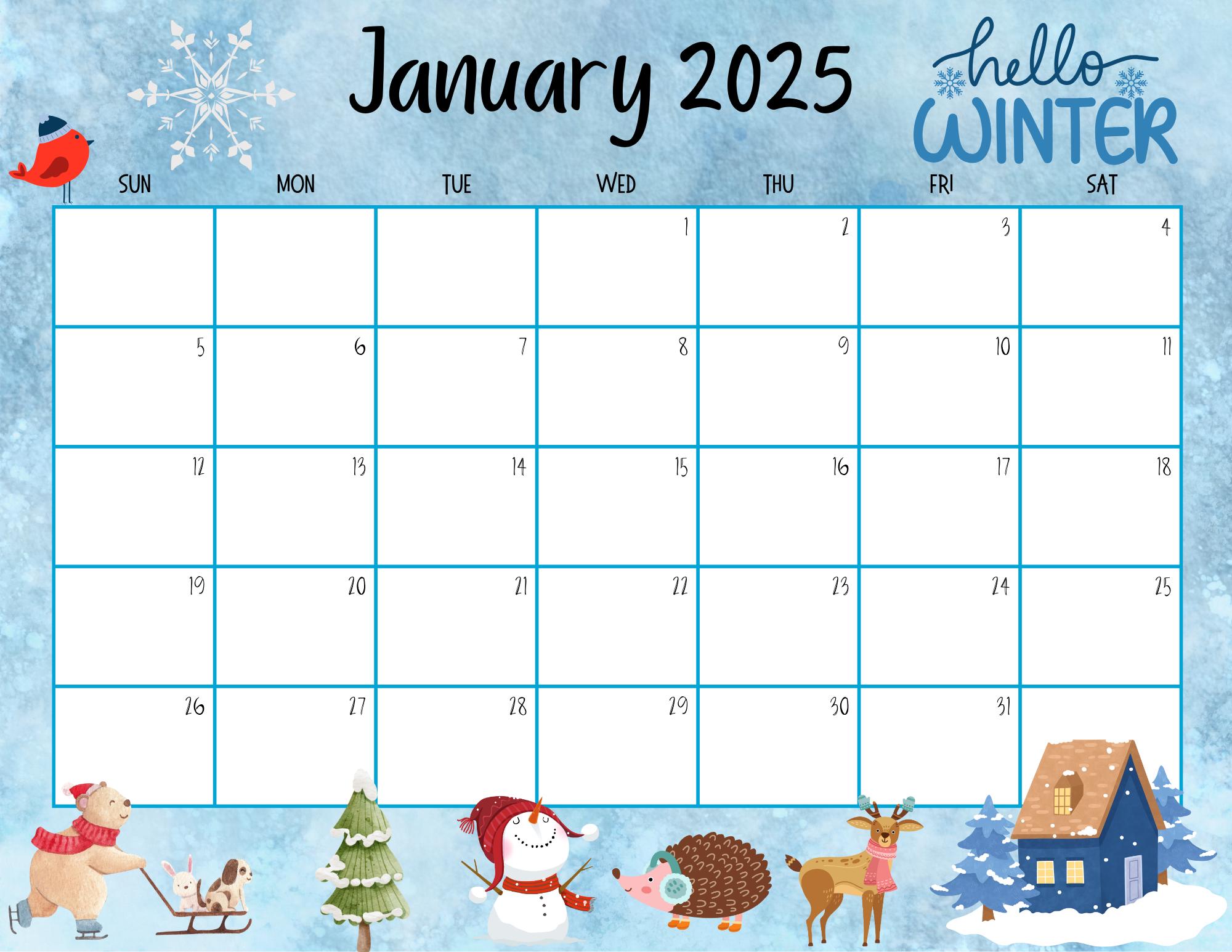 Editable January 2025 Calendar PDF Template, Winter 2025 Digital ...