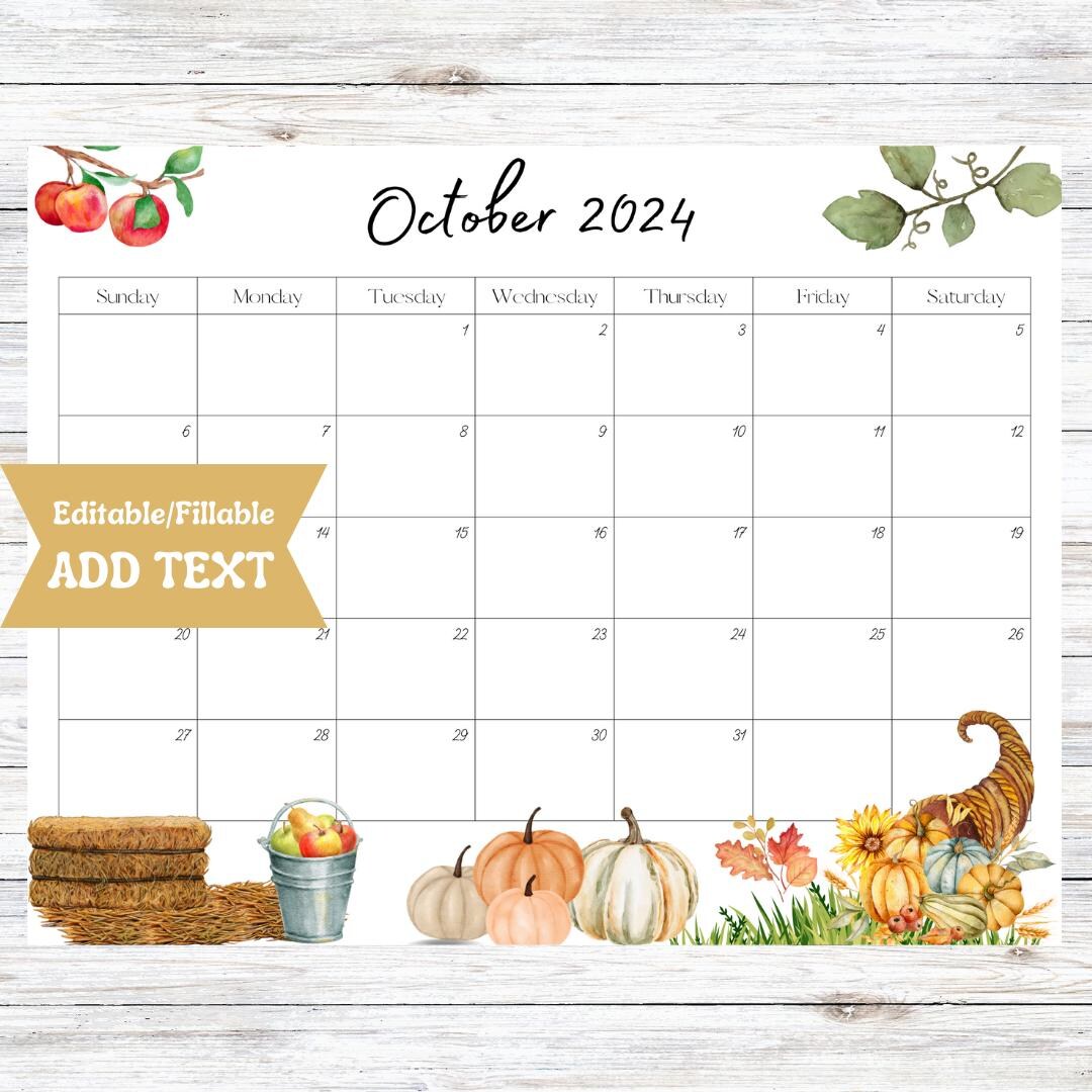 Editable October 2024 Calendar, Printable Fillable Wall Organizer ...