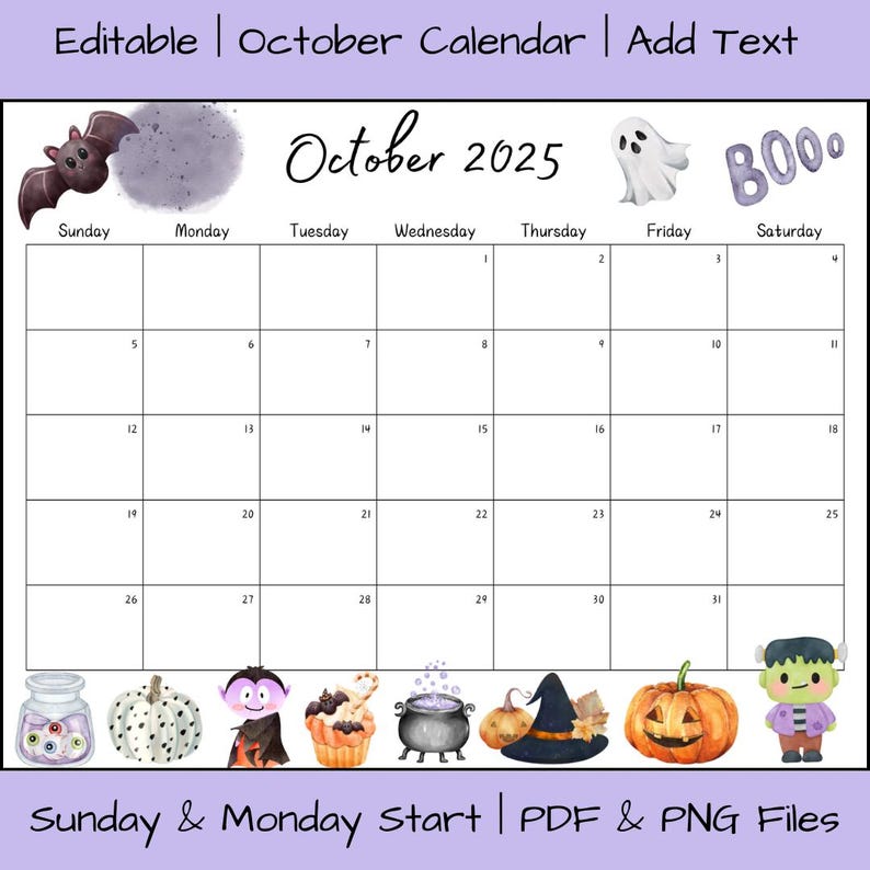 Editable October 2025 Calendar, Printable Fillable Digital Download ...