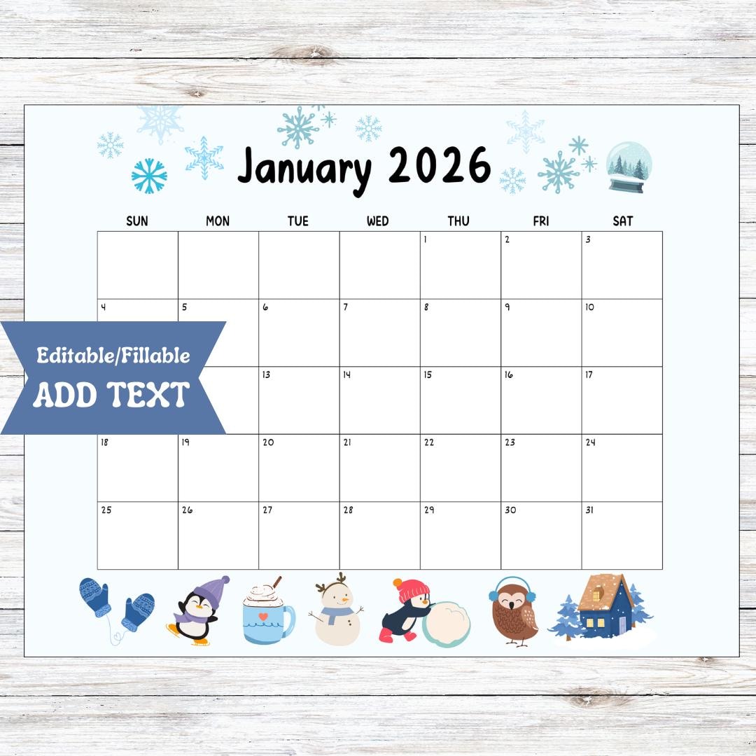 Editable January 2026 Calendar PDF Template, Winter 2026 Digital ...