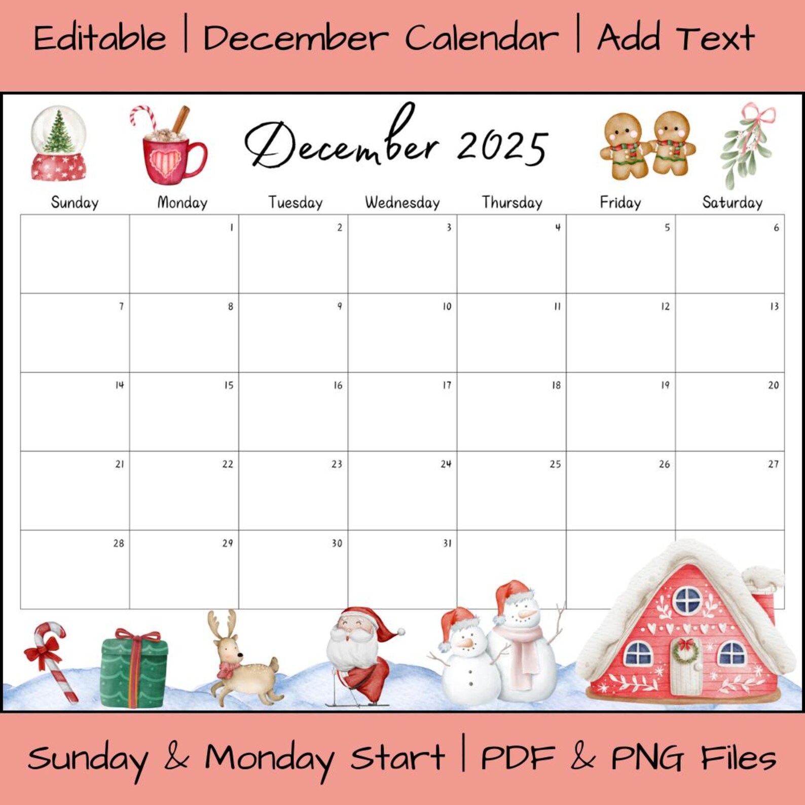 Editable December 2025 Calendar, Fillable Printable Digital Download ...