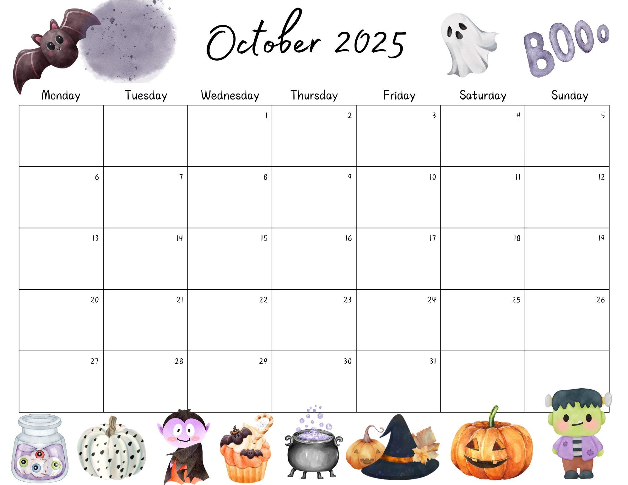 Editable October 2025 Calendar, Printable Fillable Digital Download ...