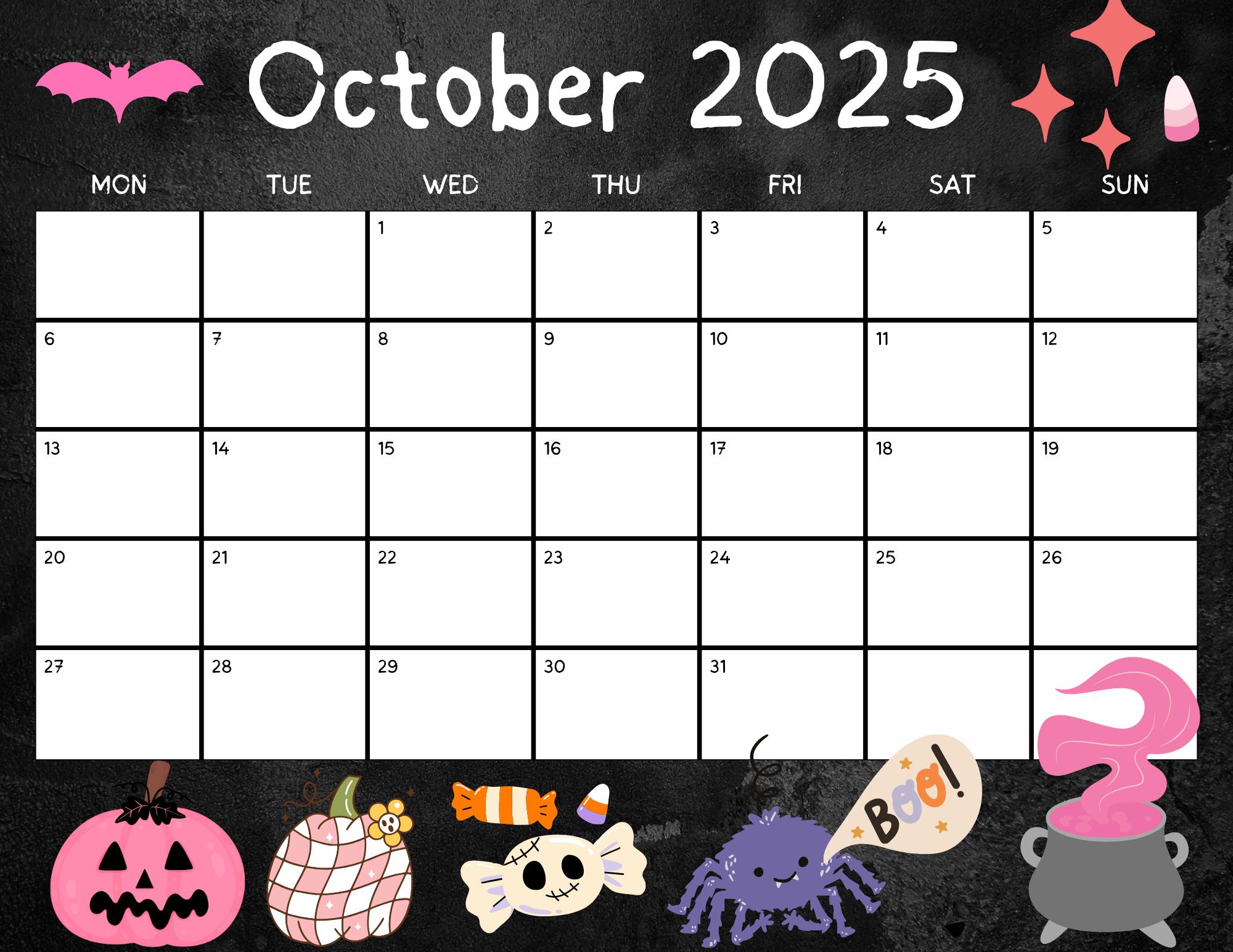 Editable October 2025 Calendar, Printable Fillable Digital Download ...