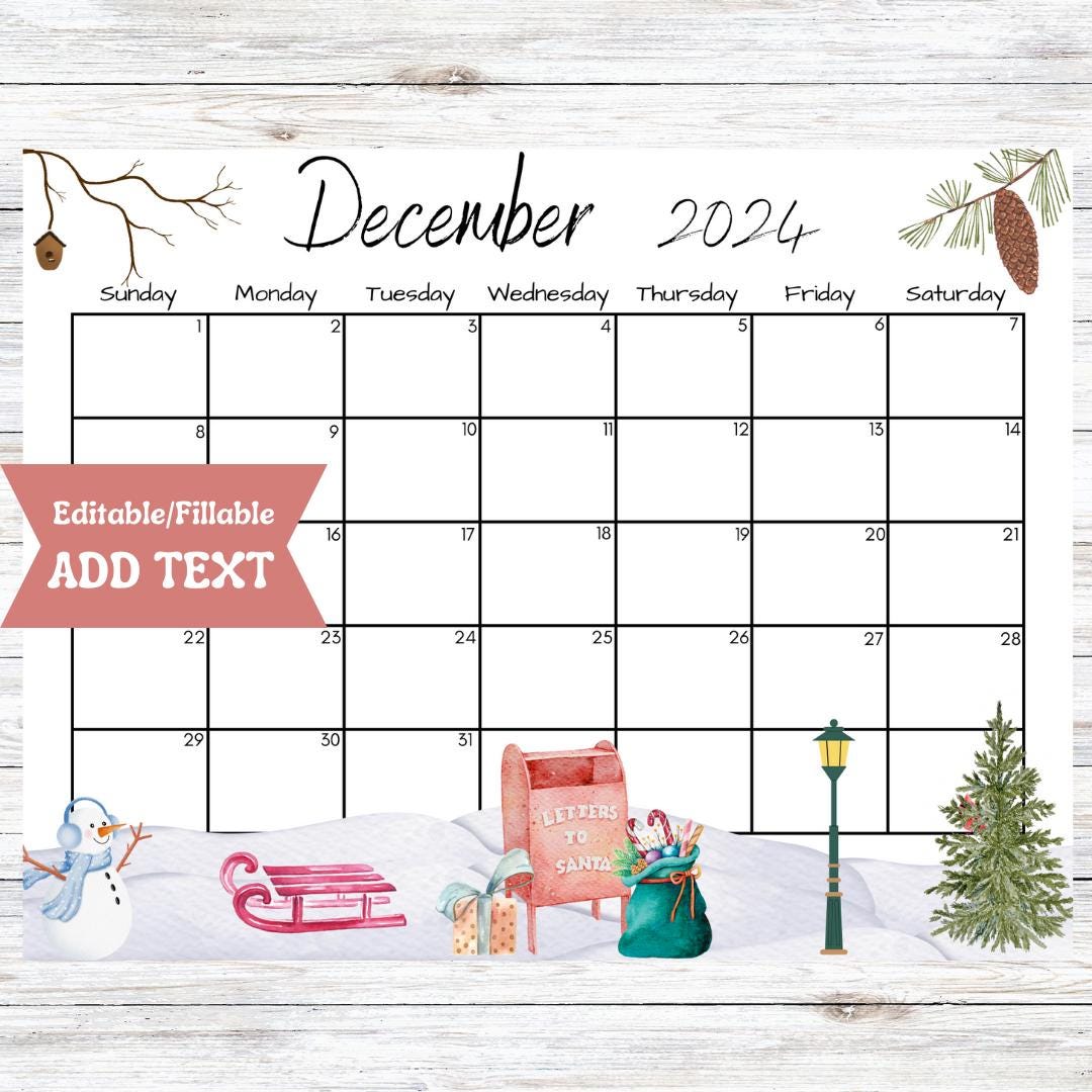 Editable December 2024 Calendar, Christmas Countdown, Fillable ...