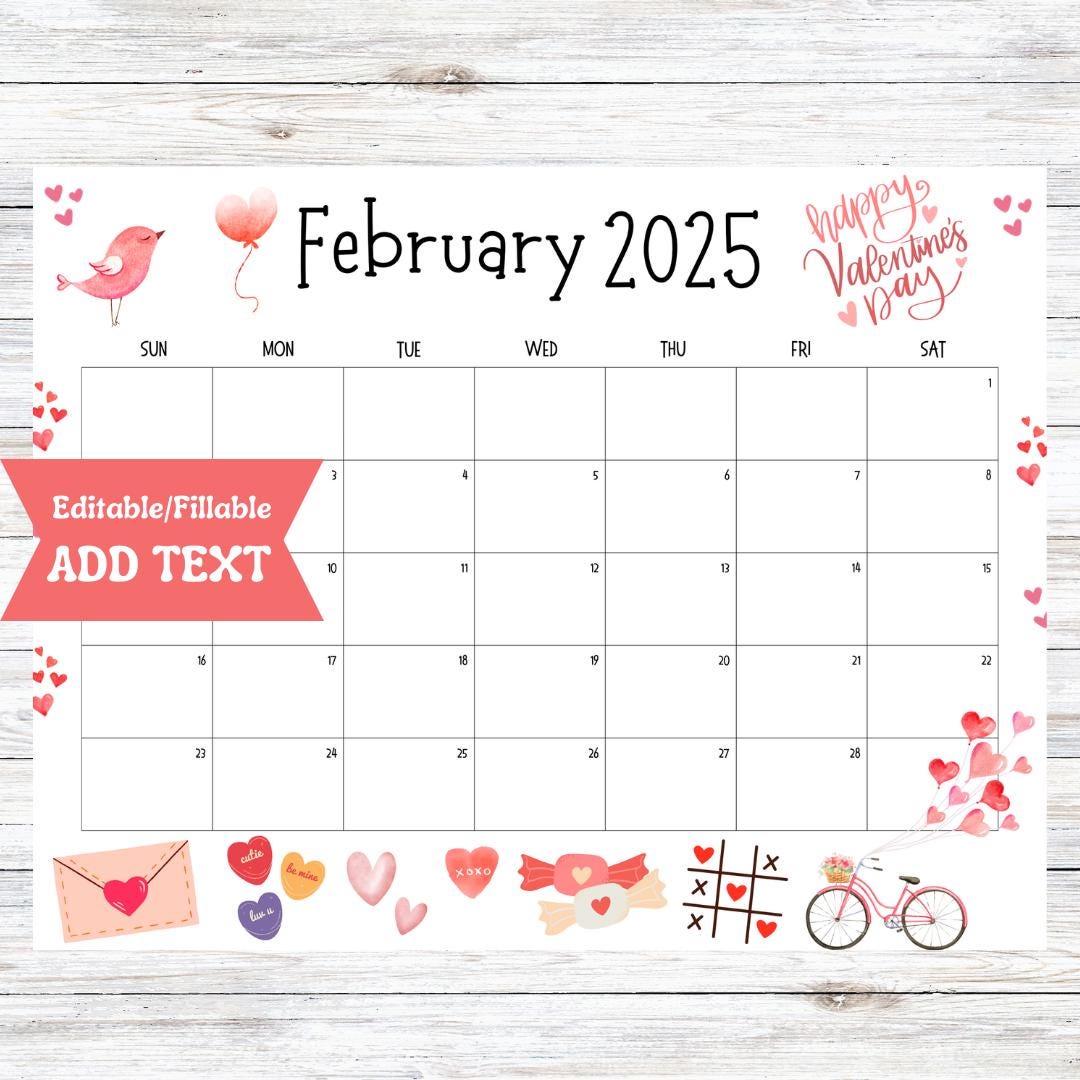 Editable February 2025 Calendar, Fillable Printable Digital Download ...