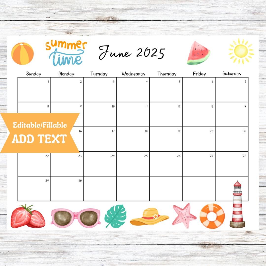 Editable June 2025 Calendar, Fillable Printable Wall Digital Download ...