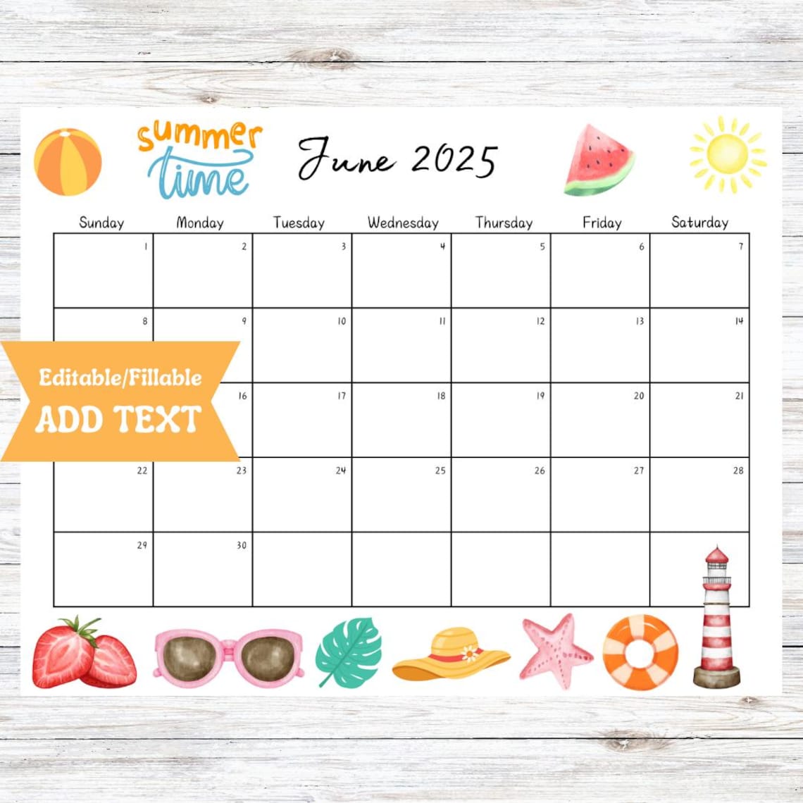 Editable June 2025 Calendar, Fillable Printable Wall Digital Download ...
