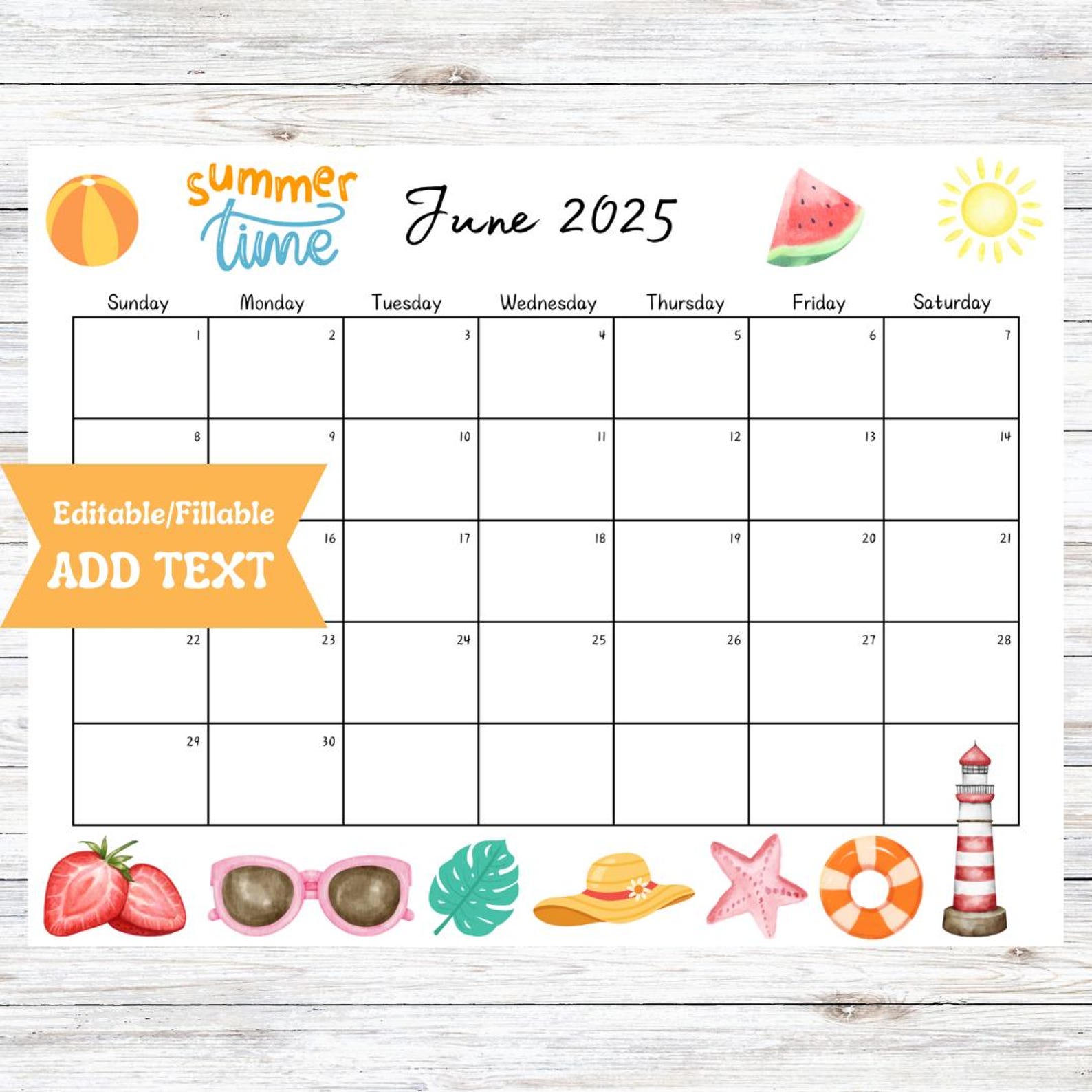 Editable June 2025 Calendar, Fillable Printable Wall Digital Download ...