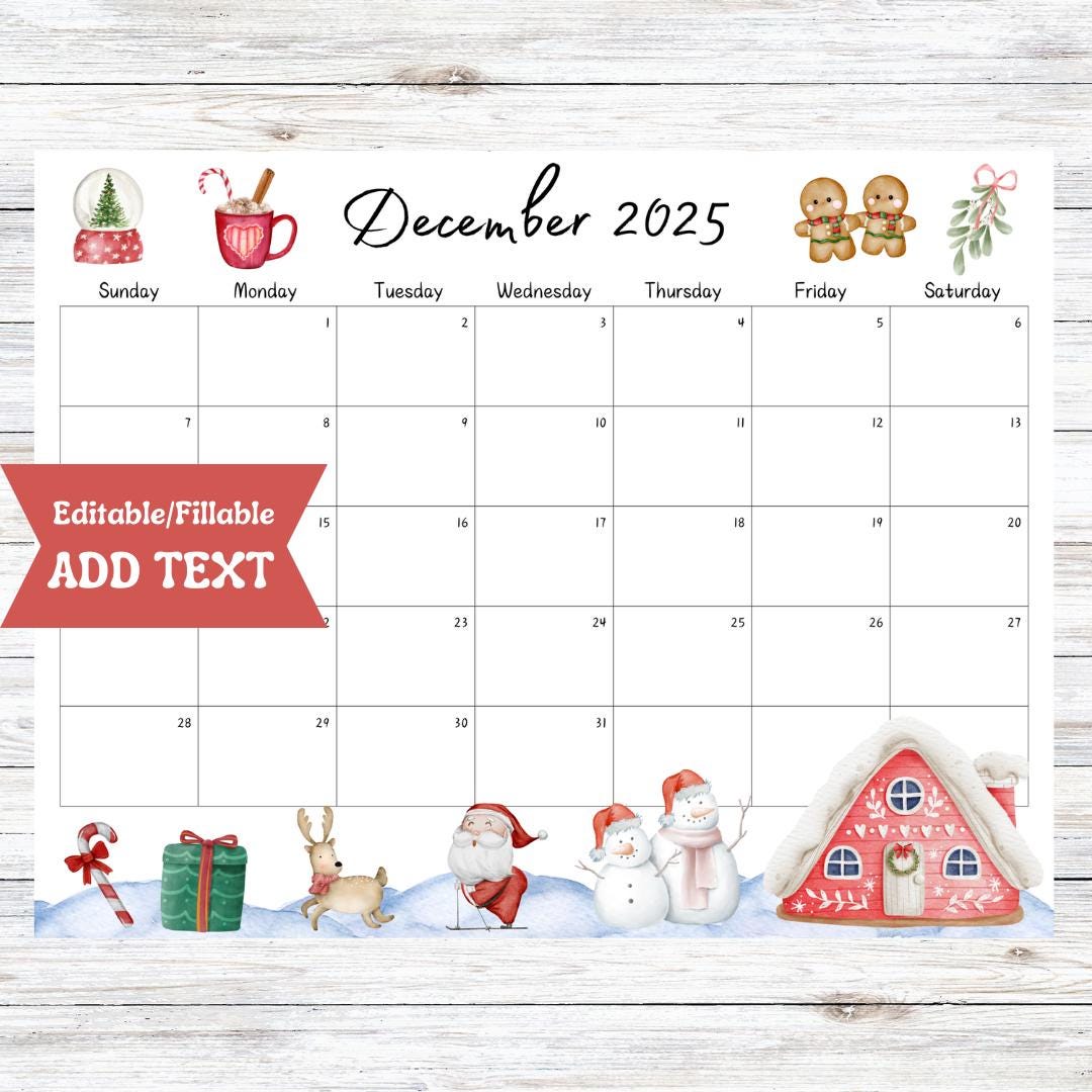 Editable December 2025 Calendar, Fillable Printable Digital Download ...