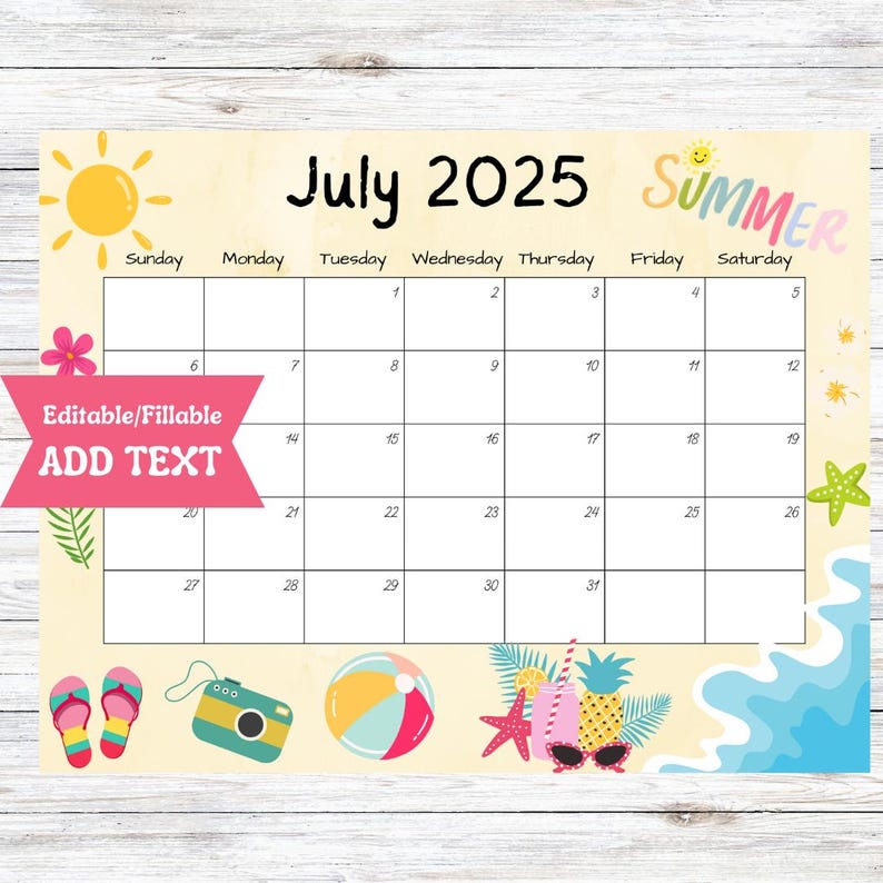 Editable July 2025 Calendar, Fillable Printable Planner Digital ...