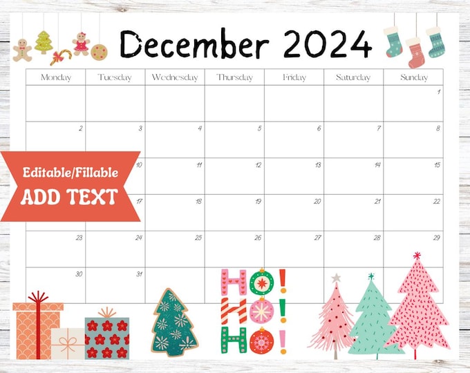 Editable December 2024 Calendar Printable, Activity Planner, Classroom ...