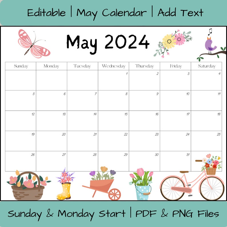 Editable May 2024 Calendar, Printable Wall Calendar, Digital Download ...