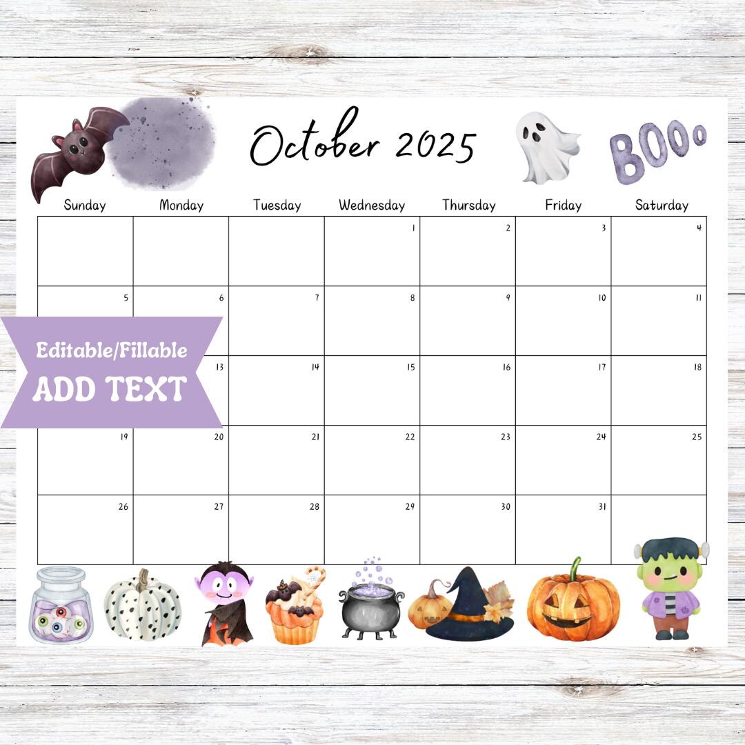 Editable October 2025 Calendar, Printable Fillable Digital Download ...