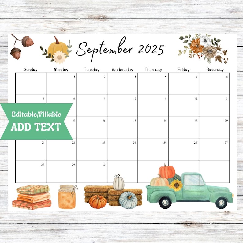 Editable September 2025 Calendar, Printable Fillable Digital Download ...