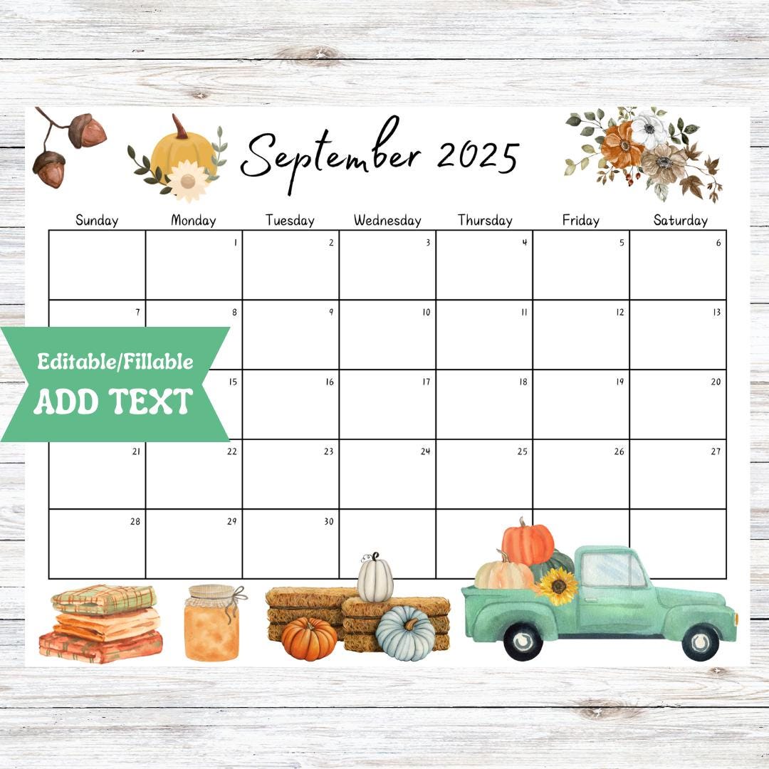Editable September 2025 Calendar, Printable Fillable Digital Download ...