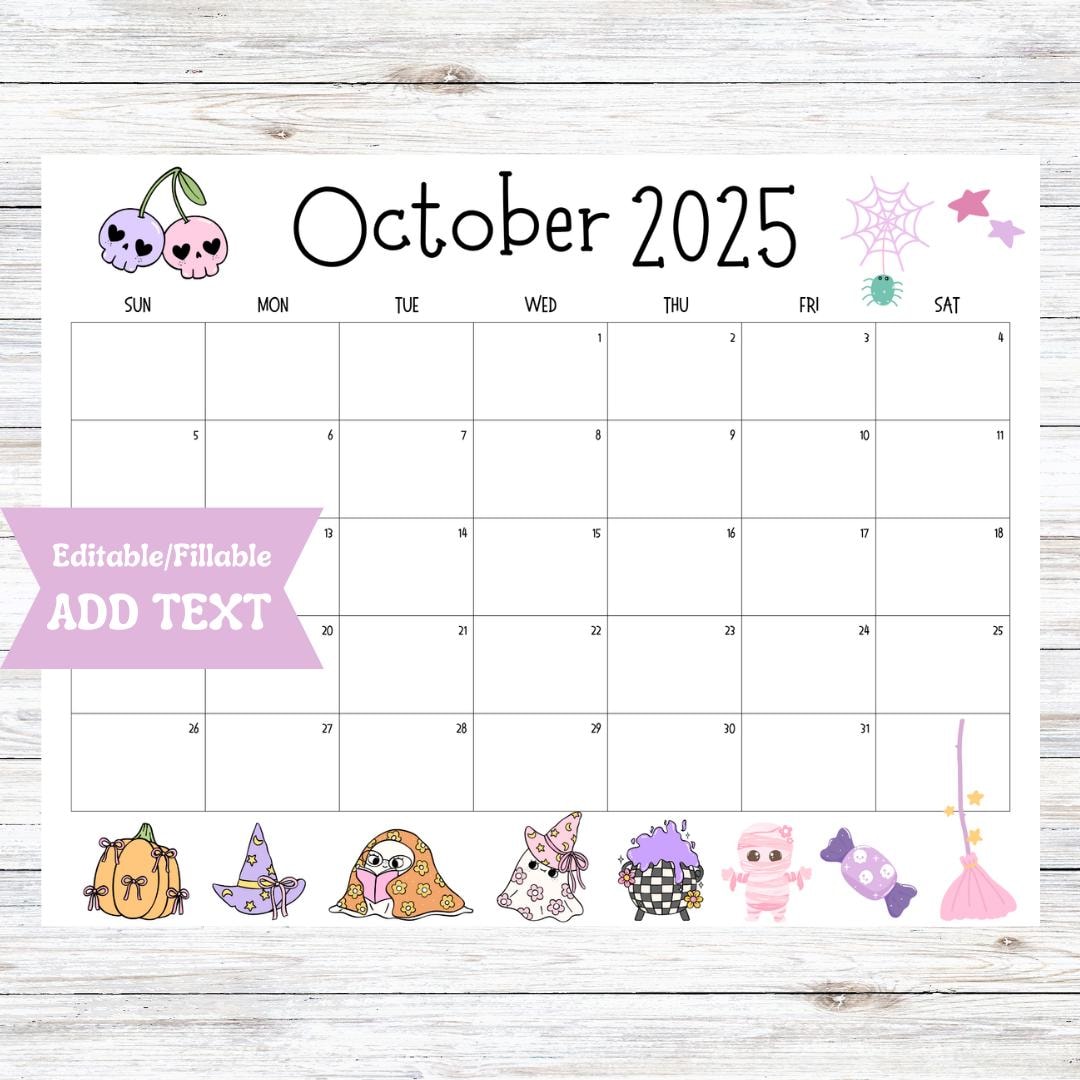 Editable October 2025 Calendar, Printable Fillable Digital Download ...