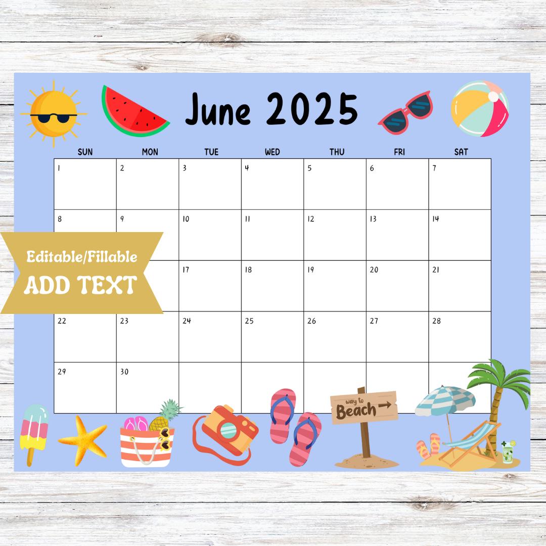 Editable June 2025 Calendar, Fillable Printable Wall Digital Download ...