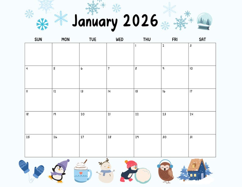 Editable January 2026 Calendar PDF Template, Winter 2026 Digital ...