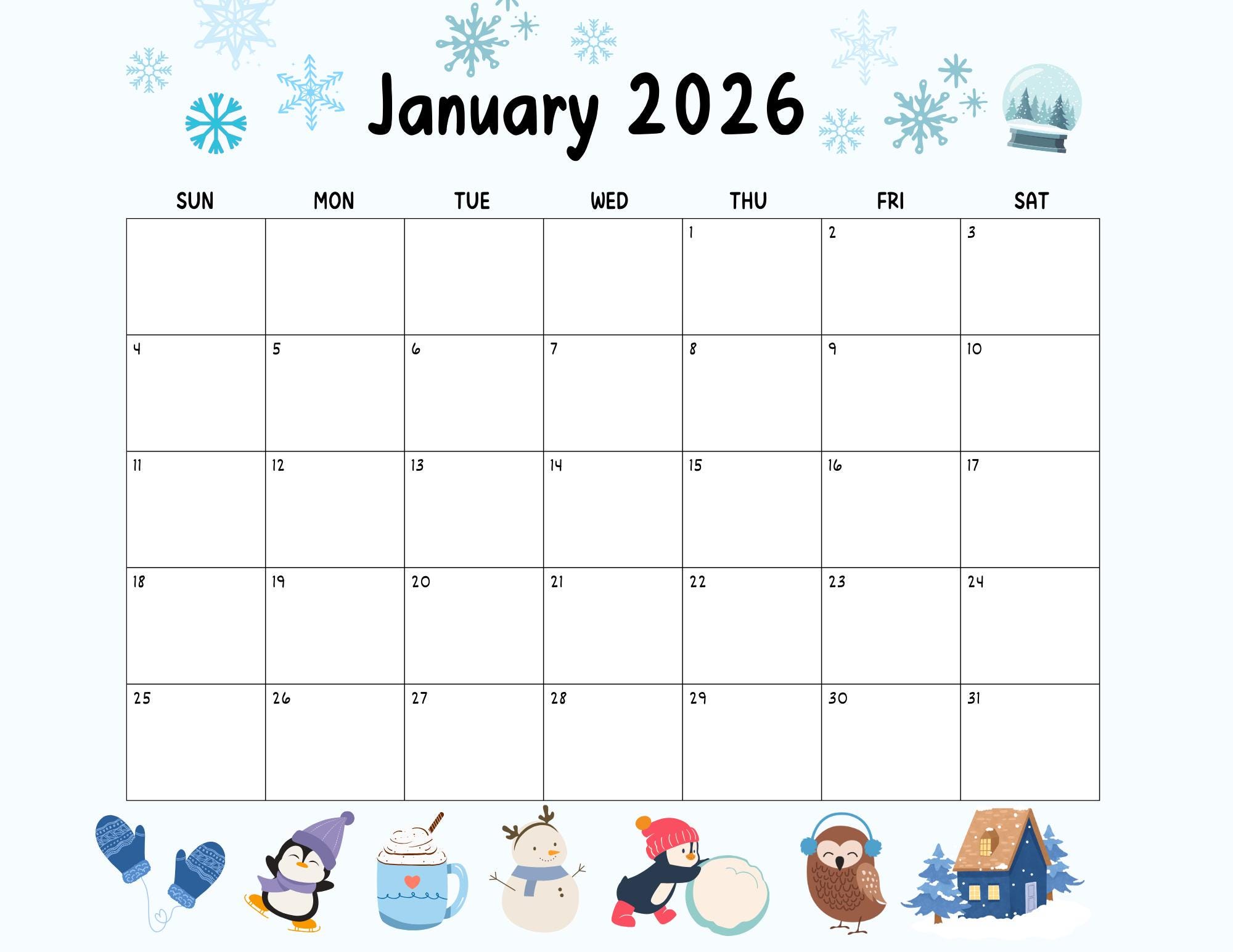 Editable January 2026 Calendar PDF Template, Winter 2026 Digital ...