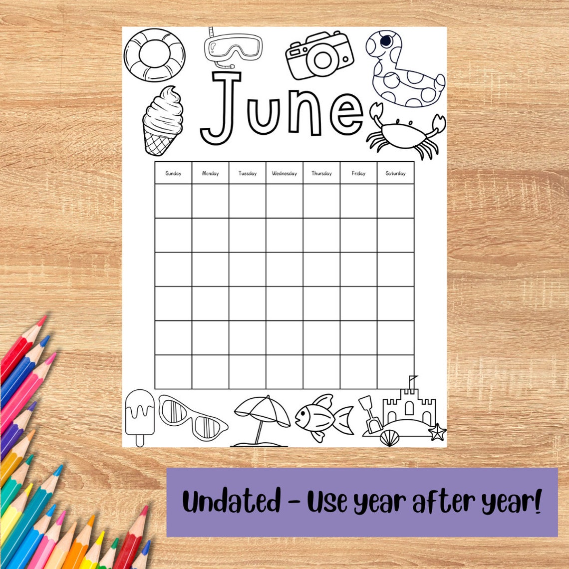 Printable Kids Coloring Calendar, Undated 12 Monthly Calendar ...
