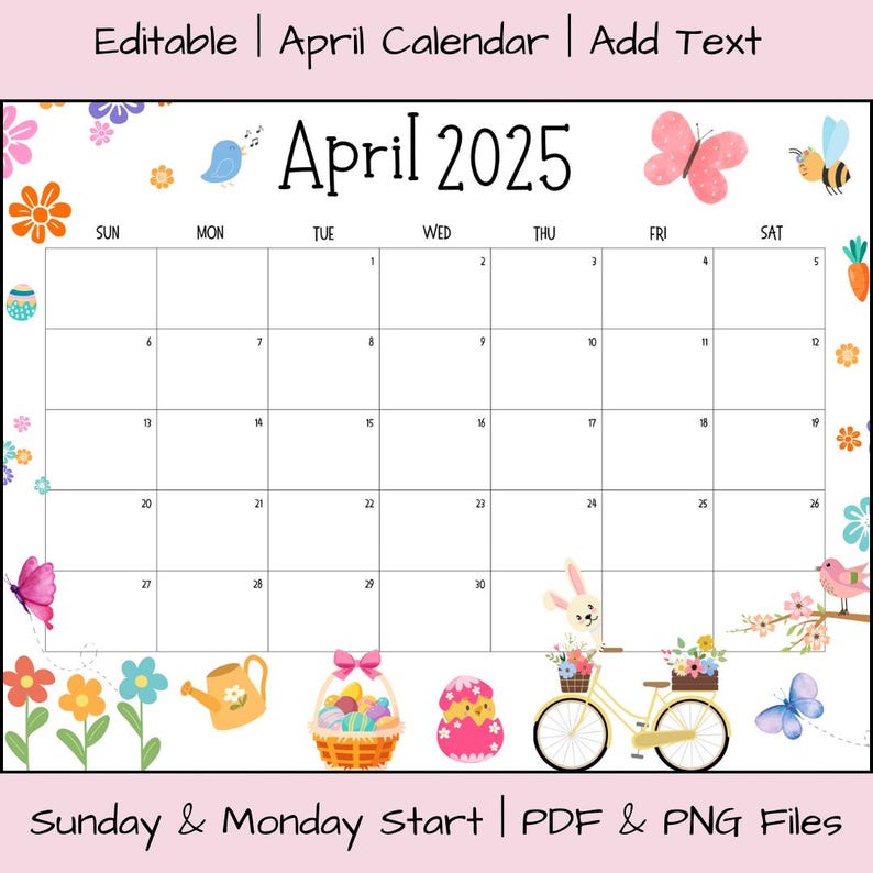 EDITABLE April 2025 Calendar PDF Template, 2025 Calendar, Printable ...