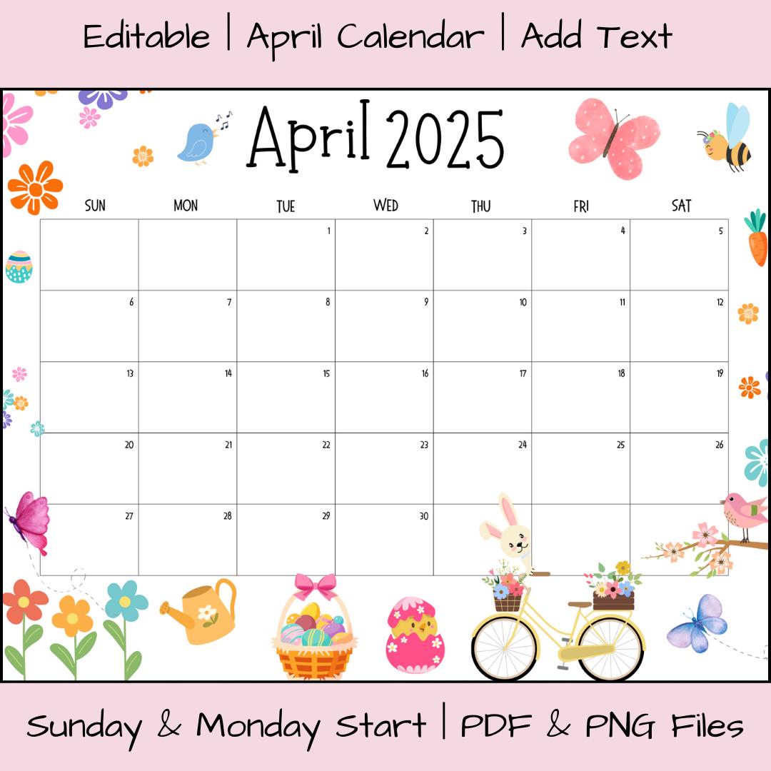 EDITABLE April 2025 Calendar PDF Template, 2025 Calendar, Printable ...