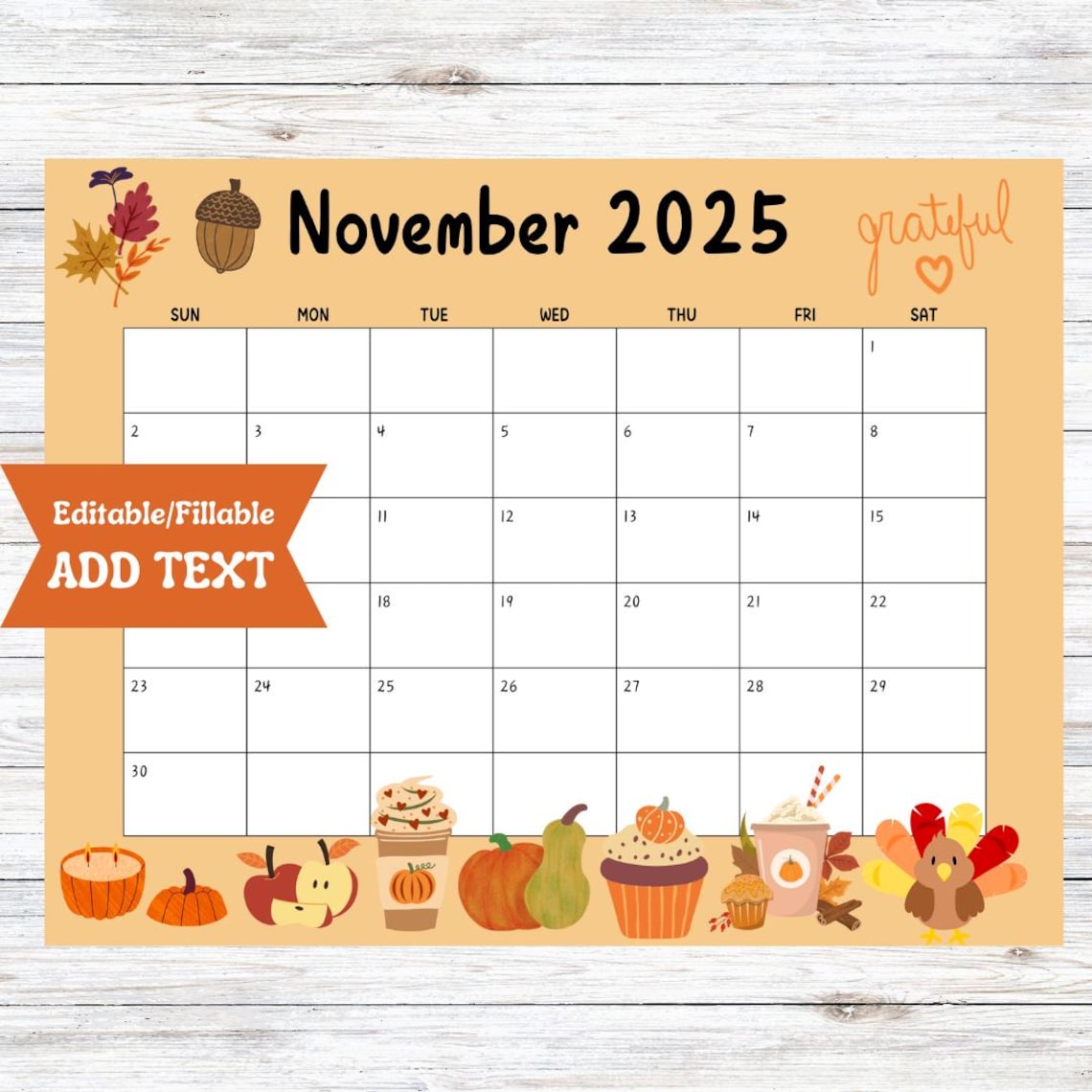 Editable November 2025 Calendar, Printable Fillable Digital Download ...