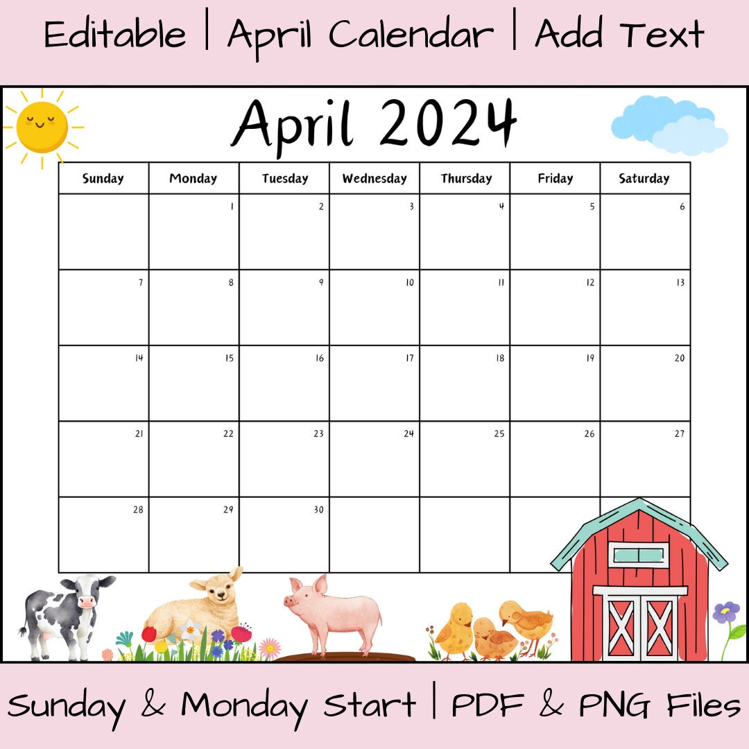EDITABLE April 2024 Calendar Printable Monthly Activity Planner ...