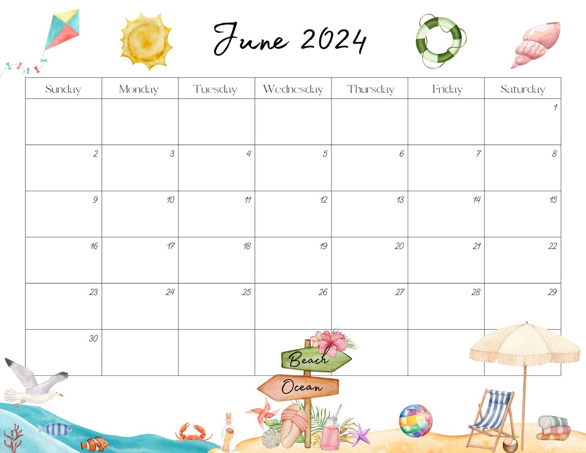 Editable June 2024 Calendar, Printable Wall Calendar, Digital Download ...