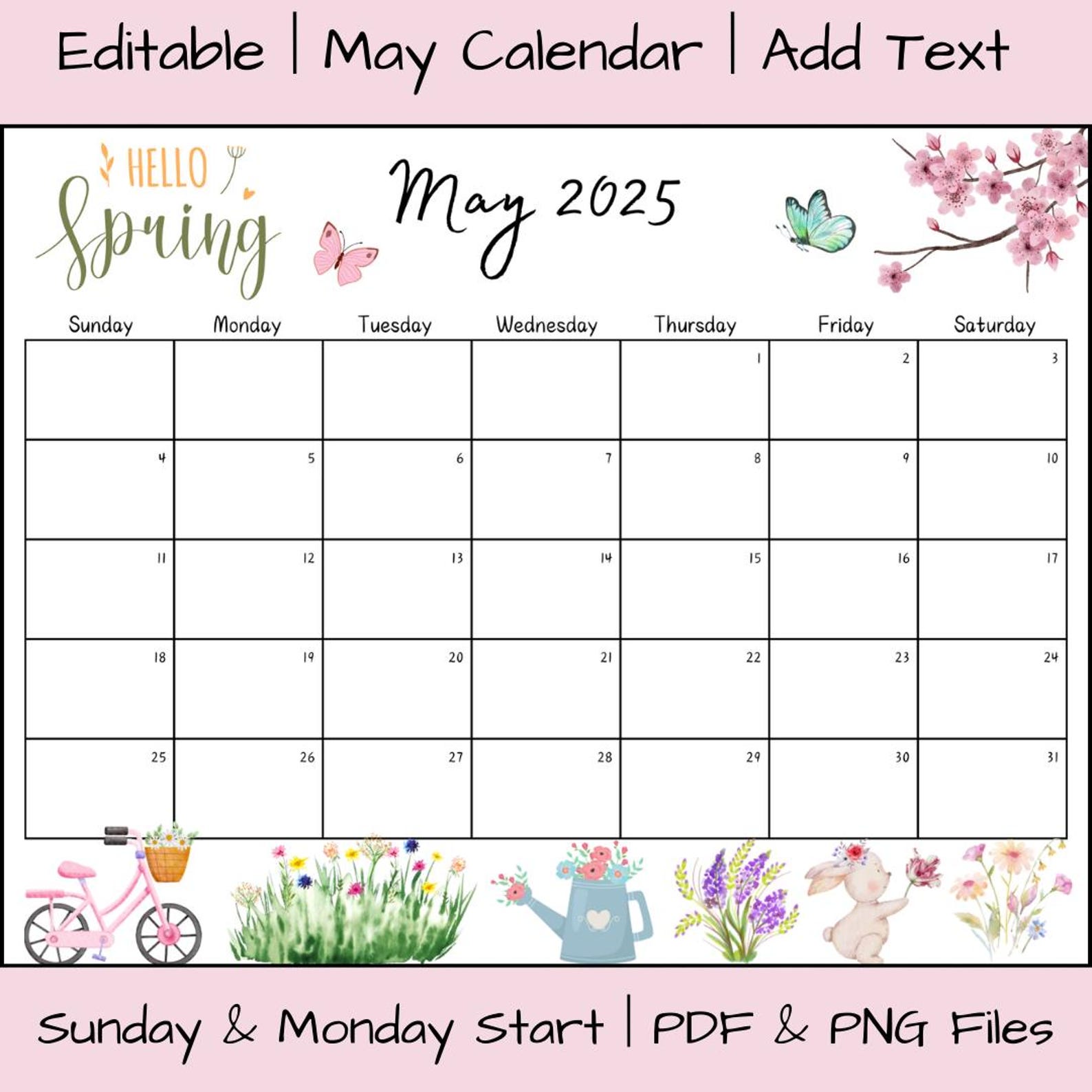 Editable May 2025 Calendar, Printable Fillable Digital Download, Office ...