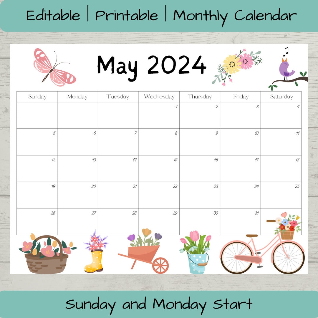 Editable May 2024 Calendar PDF and PNG Template, Printable May Calendar ...