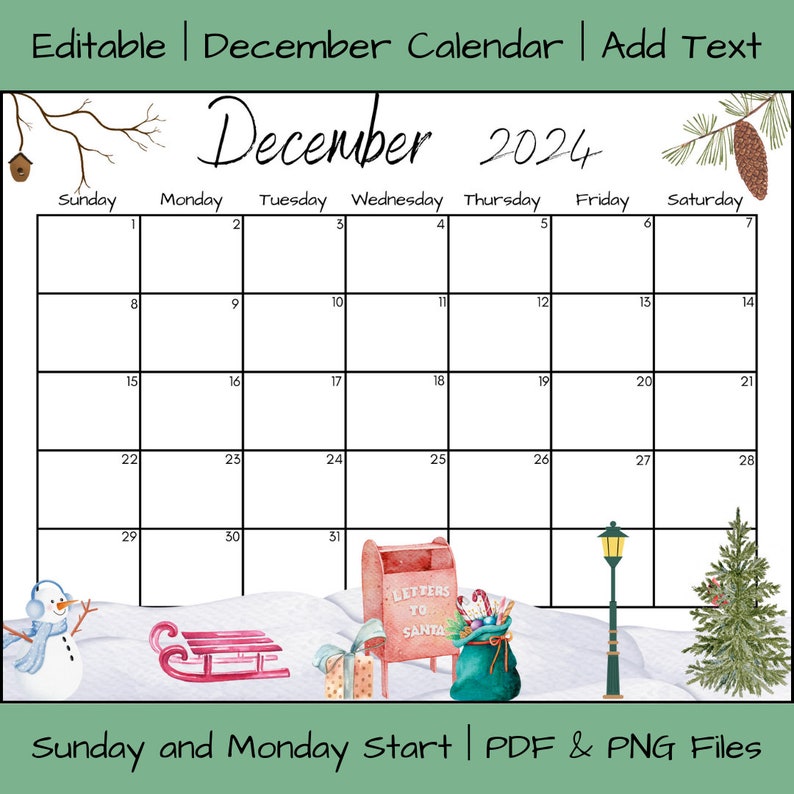 Editable December 2024 Calendar, Christmas Countdown Calendar ...