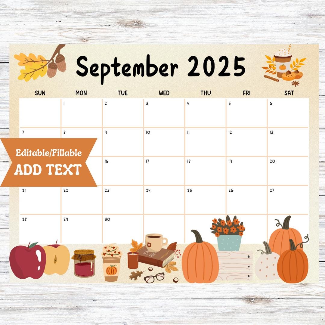 Editable September 2025 Calendar, Printable Fillable Digital Download ...