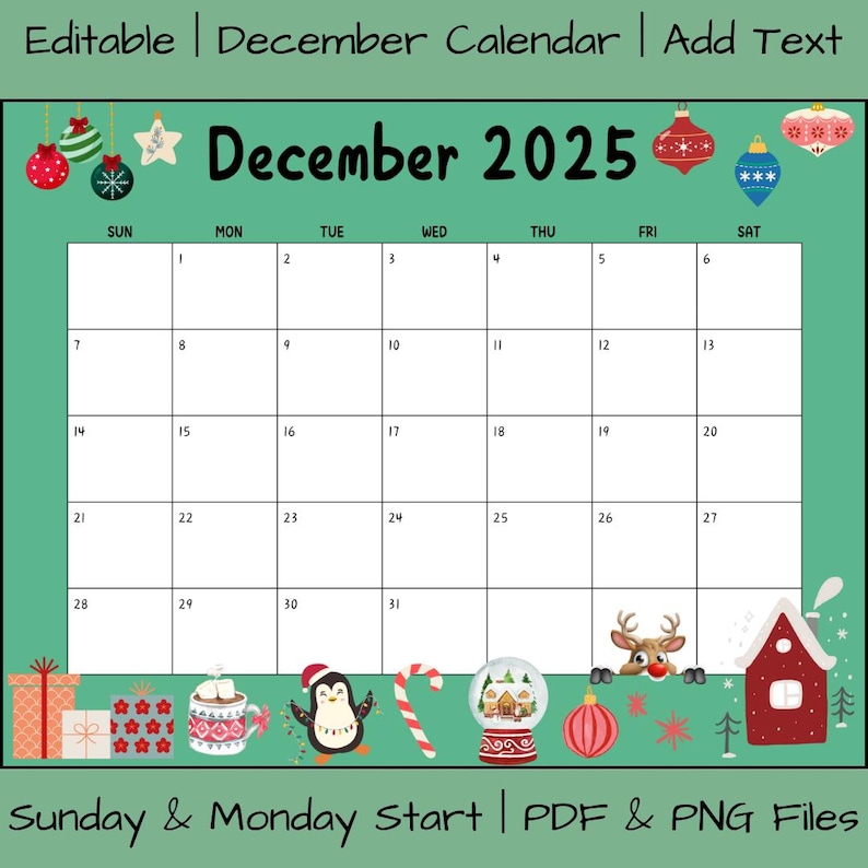 Editable December 2025 Calendar, Fillable Printable Digital Download ...