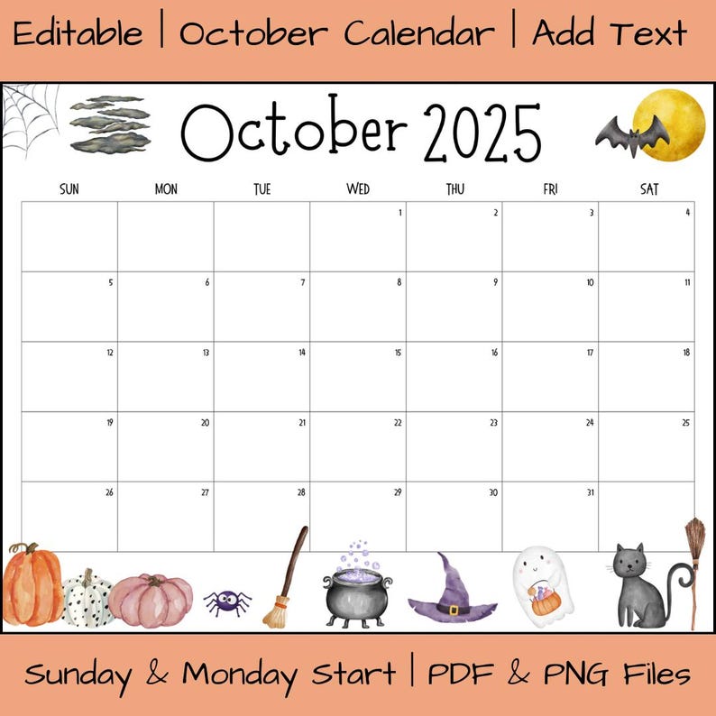 Editable October 2025 Calendar, Printable Fillable Digital Download ...